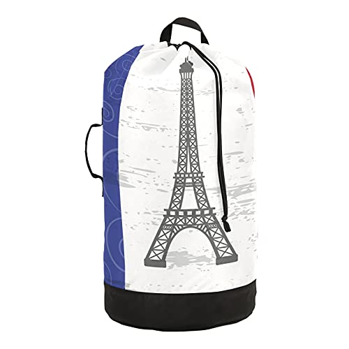 Eiffel Tower On France Flag Laundry Backpack Bag with Drawstring Closure Waterproof Laundry Bag Laundry Hamper Clothes Storage for College Travel Laundromat Apartment