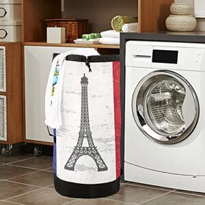 Eiffel Tower On France Flag Laundry Backpack Bag with Drawstring Closure Waterproof Laundry Bag Laundry Hamper Clothes Storage for College Travel Laundromat Apartment