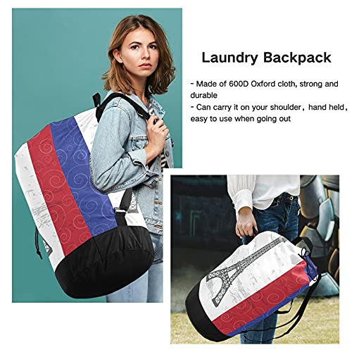 Eiffel Tower On France Flag Laundry Backpack Bag with Drawstring Closure Waterproof Laundry Bag Laundry Hamper Clothes Storage for College Travel Laundromat Apartment