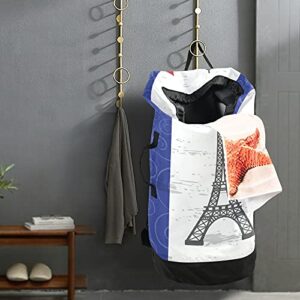 Eiffel Tower On France Flag Laundry Backpack Bag with Drawstring Closure Waterproof Laundry Bag Laundry Hamper Clothes Storage for College Travel Laundromat Apartment