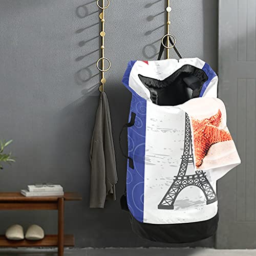 Eiffel Tower On France Flag Laundry Backpack Bag with Drawstring Closure Waterproof Laundry Bag Laundry Hamper Clothes Storage for College Travel Laundromat Apartment