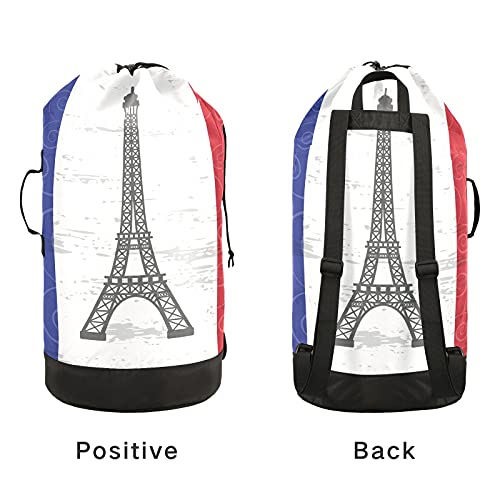 Eiffel Tower On France Flag Laundry Backpack Bag with Drawstring Closure Waterproof Laundry Bag Laundry Hamper Clothes Storage for College Travel Laundromat Apartment