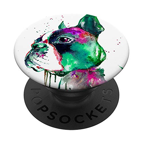 Cute Boston Terrier Dog Watercolor Paint Design on White PopSockets Swappable PopGrip