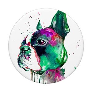 Cute Boston Terrier Dog Watercolor Paint Design on White PopSockets Swappable PopGrip