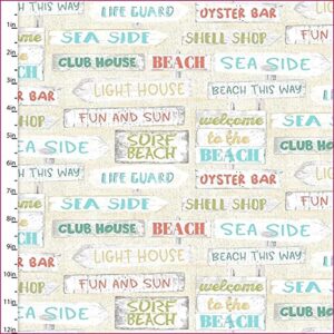 alina natetkova - 3 wishes fabric - nautical beach travel signs on cream - cotton - by the yard - fabric for crafts by alina natetkova