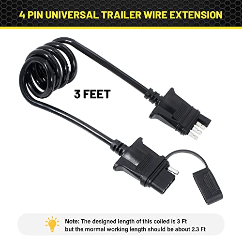 Oyviny 4 Way Flat Trailer Extension Coiled Cable 3 Feet 4 Pin Male and Female Wiring Harness Adapter 36" Stretchable Coiled Extension Wiring Cable with Dust Cover Plug & Play Connector 18 Guage