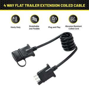 Oyviny 4 Way Flat Trailer Extension Coiled Cable 3 Feet 4 Pin Male and Female Wiring Harness Adapter 36" Stretchable Coiled Extension Wiring Cable with Dust Cover Plug & Play Connector 18 Guage