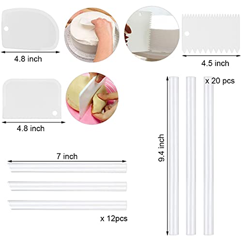 MoreStar 20 Pieces Plastic White Sticks Dowel Rods and 4 Pieces Cake Separator Plates 46810 Inch with 12 Clear Stacking Dowels, Different Patterns Cake Scrapers for Tiered Cake Stacking, 9.4inch