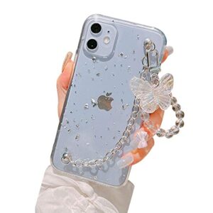 bonici girl women beautiful gold foil goldleaf transparent tpu phone case +metal bracelet chain +butterfly lanyard, for iphone 11, full protection (scratch-resistant &shockproof) -silver