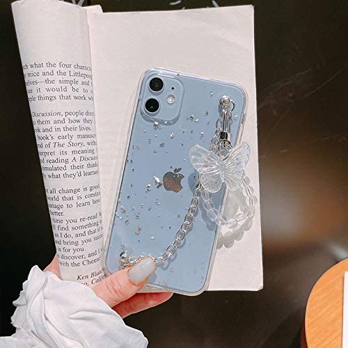 BONICI Girl Women Beautiful Gold Foil Goldleaf Transparent TPU Phone Case +Metal Bracelet Chain +Butterfly Lanyard, for iPhone 11, Full Protection (Scratch-resistant &Shockproof) -Silver