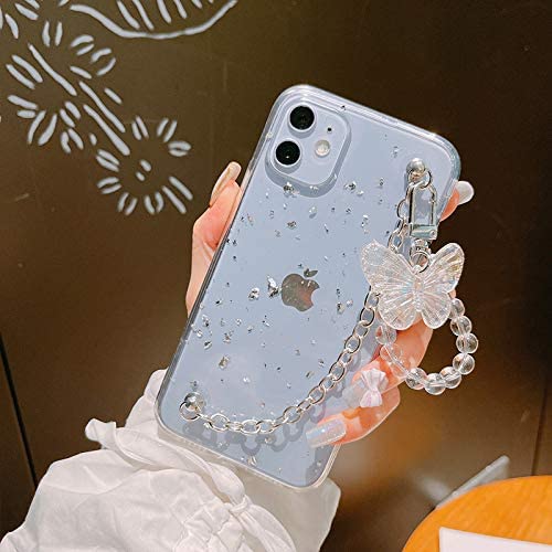 BONICI Girl Women Beautiful Gold Foil Goldleaf Transparent TPU Phone Case +Metal Bracelet Chain +Butterfly Lanyard, for iPhone 11, Full Protection (Scratch-resistant &Shockproof) -Silver