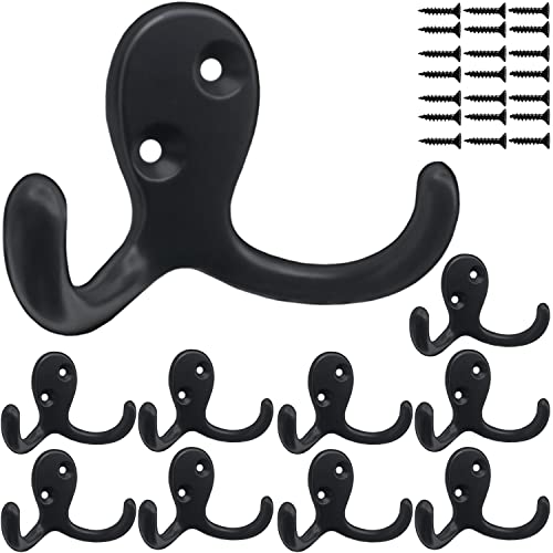 MsBong Coat Hooks Hardware, 10Pcs Wall Hooks Heavy Duty Hooks for Hanging Coats No Rust Double Robe Hooks Wall Mounted for Key, Towel, Bags, Cup, Hat (Black)