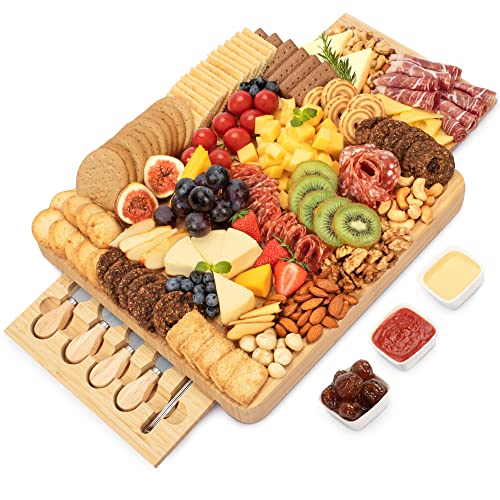 FamRica Charcuterie Board Set Cheese Board with 2 Drawers, Bamboo Cheese Tray Serving Board - Unique Mothers Day Gifts, Wedding, Housewarming, Birthday Gifts