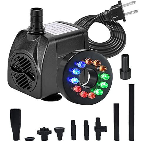 15W 1000L/H Submersible Fountain Water Pump with 12 Colorful LED Lights, Mushroom and Blossom Spray Head for Aquarium Fish Tank, Pond,Outdoor Fountain, Water Feature, Statuary Gardens