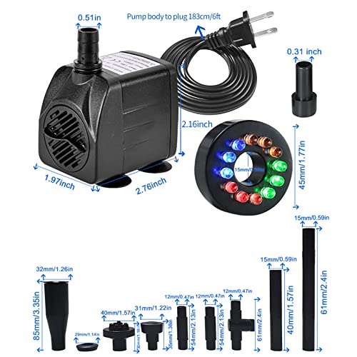 15W 1000L/H Submersible Fountain Water Pump with 12 Colorful LED Lights, Mushroom and Blossom Spray Head for Aquarium Fish Tank, Pond,Outdoor Fountain, Water Feature, Statuary Gardens