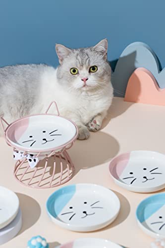 Ceramic Shallow Cat Food Dish, Cat Wet Food and Raw Meat Flat Cat Bowls; Stress Relief of Whisker Fatigue Cat Dishes, Wide Plate for Kittens Small Animals and Short Legged Munchkin Cat Set of 2