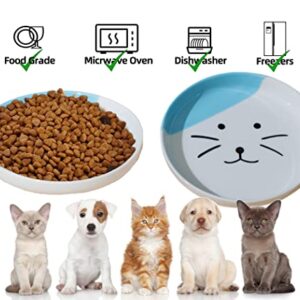 Ceramic Shallow Cat Food Dish, Cat Wet Food and Raw Meat Flat Cat Bowls; Stress Relief of Whisker Fatigue Cat Dishes, Wide Plate for Kittens Small Animals and Short Legged Munchkin Cat Set of 2