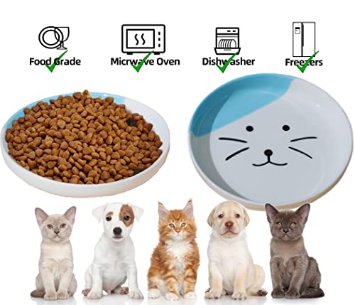 Ceramic Shallow Cat Food Dish, Cat Wet Food and Raw Meat Flat Cat Bowls; Stress Relief of Whisker Fatigue Cat Dishes, Wide Plate for Kittens Small Animals and Short Legged Munchkin Cat Set of 2