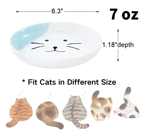 Ceramic Shallow Cat Food Dish, Cat Wet Food and Raw Meat Flat Cat Bowls; Stress Relief of Whisker Fatigue Cat Dishes, Wide Plate for Kittens Small Animals and Short Legged Munchkin Cat Set of 2