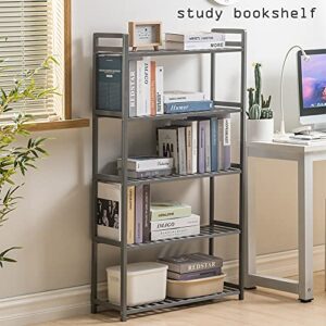 IOTXY Adjustable Multifunctional Shelving Unit - Medium 5-Tier Bamboo Freestanding Shelf, Bathroom Towel Storage Shelves, Living Room Open Bookshelf, Kitchen Organizer, Entryway Shoe Rack, Light Grey