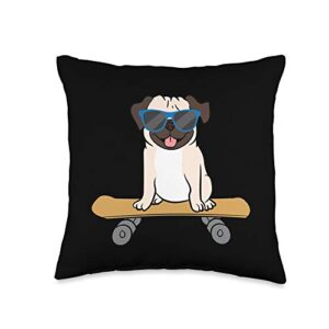 skateboarding pug gifts and tees pug dog skateboard puppy throw pillow, 16x16, multicolor