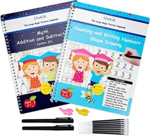 premium edition 11x8.5 inch elitekids large magic practice copybook for kids- kindergarten numbers and math 2-book set, preschool k-1 groove number math workbooks with magical pens