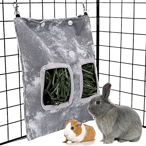 LeerKing Rabbit Hay Feeder Bag, Hanging Canvas Hay Feeder Guinea Pig with Clips, Hay Holder Bag for Rabbits Bunny Guinea Pig and Other Small Animals