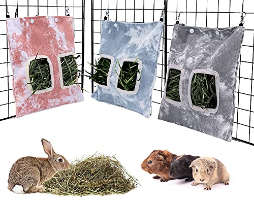 LeerKing Rabbit Hay Feeder Bag, Hanging Canvas Hay Feeder Guinea Pig with Clips, Hay Holder Bag for Rabbits Bunny Guinea Pig and Other Small Animals