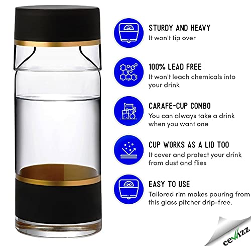 CEVVIZZ Bedside Water Carafe With Glass Set -Cup and Bottle to Keep Next To Your Bed for a Handy Midnight Drink - Glass Carafe 24 oz/Cup 7.5 oz - Beautiful Gift Box (GOLD ELEGANCE)