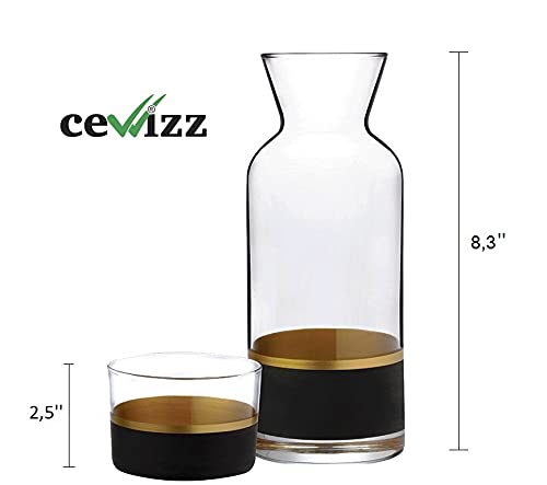 CEVVIZZ Bedside Water Carafe With Glass Set -Cup and Bottle to Keep Next To Your Bed for a Handy Midnight Drink - Glass Carafe 24 oz/Cup 7.5 oz - Beautiful Gift Box (GOLD ELEGANCE)