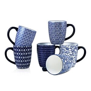 selamica 16 oz porcelain coffee mugs set, ceramic tea cup with handle, dishwasher, oven, microwave safe, christmas gift, pack of 6, vintage blue