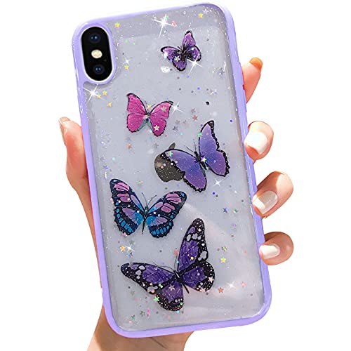 wzjgzdly Butterfly Bling Clear Case Compatible with iPhone X iPhone Xs, Glitter Case for Women Cute Slim Soft Slip Resistant Protective Phone Case Cover for iPhone X/Xs (5.8 inch) - Purple