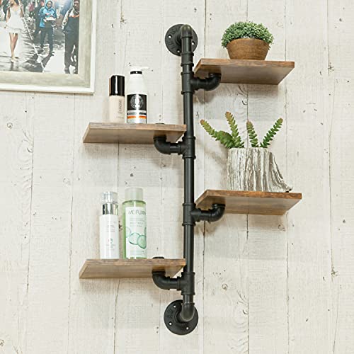 BOTAOYIYI Pipe Shelf, Industrial Pipe Shelving, 4 Tier Wall Book Shelf Corner Shelves with Wood Planks Wall Mounted Metal Floating Farmhouse Wall Rustic Decor Bookcase for Bathroom Bedroom Living Room