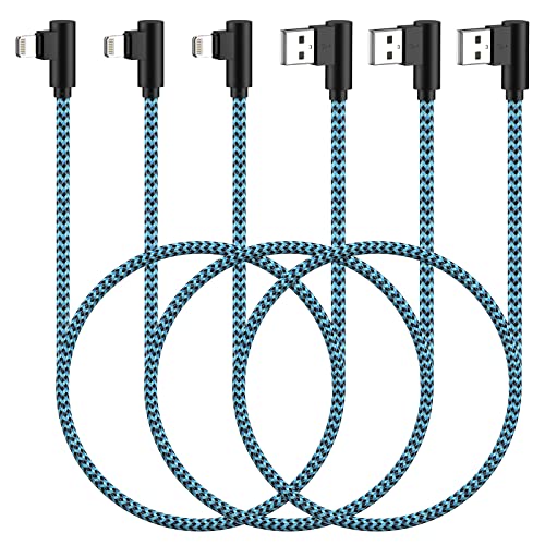 Snisre MFi Certified Lightning Cable 3ft 90 Degree iPhone Charger 3 Pack Nylon Braided Right Angle Extra Long iPhone Charger Cord for iPhone 12 11 Pro X XS XR 8 Plus 7 6 5 (Blue Black, 3FT)