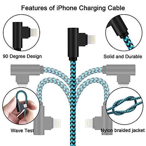 Snisre MFi Certified Lightning Cable 3ft 90 Degree iPhone Charger 3 Pack Nylon Braided Right Angle Extra Long iPhone Charger Cord for iPhone 12 11 Pro X XS XR 8 Plus 7 6 5 (Blue Black, 3FT)