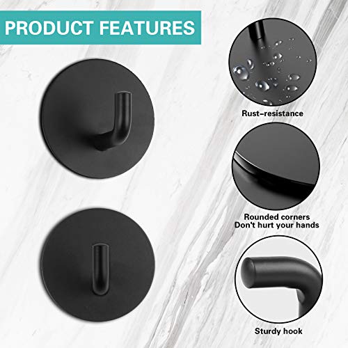 Adhesive Hooks, Sticky Hook Made of 304 Stainless Steel, Super Sticky Nail-Free Wall Hooks for Hanging Coats and Towels, 5 Packs, LIISKY(Black)