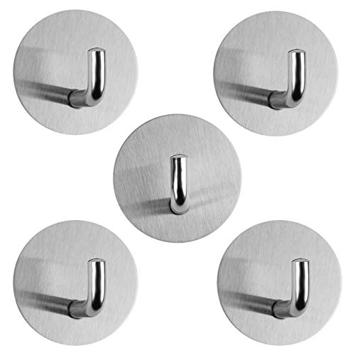 Adhesive Hooks, Sticky Hook Made of 304 Stainless Steel, Super Sticky Nail-Free Wall Hooks for Hanging Coats and Towels, 5 Packs, LIISKY(Silver)