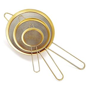 gold fine mesh strainer 3 pieces set, golden flour sifter for baking, stainless steel clander, gold matcha tea strainer, gravy separator, stasher sieve pasta strainers