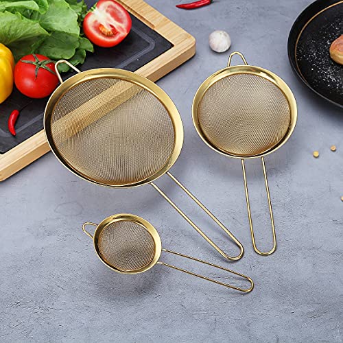 Gold Fine Mesh Strainer 3 Pieces Set, Golden Flour Sifter For Baking, Stainless Steel Clander, Gold Matcha Tea Strainer, Gravy Separator, Stasher Sieve Pasta Strainers