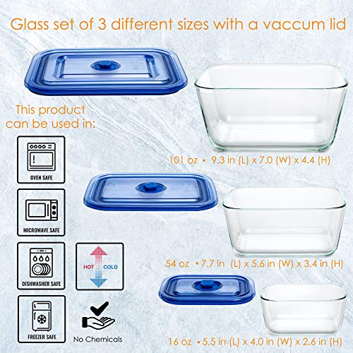 Moss & Stone Extra Large Glass Food Storage Containers Set Of 3-101 OZ/ 54 OZ/ 16 OZ Deep Rectangular Glass Food Container with Lid, Leak Proof, Microwave, Dishwasher, and Oven Safe.