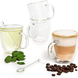 Moss & Stone Set of 4 Double Wall Glass Cup Clear Mug, Double Walled Coffee Mugs 7.4 Oz, Glass Tea Mugs, Insulated Coffee Mug With Handle & 2 Glass Spoons