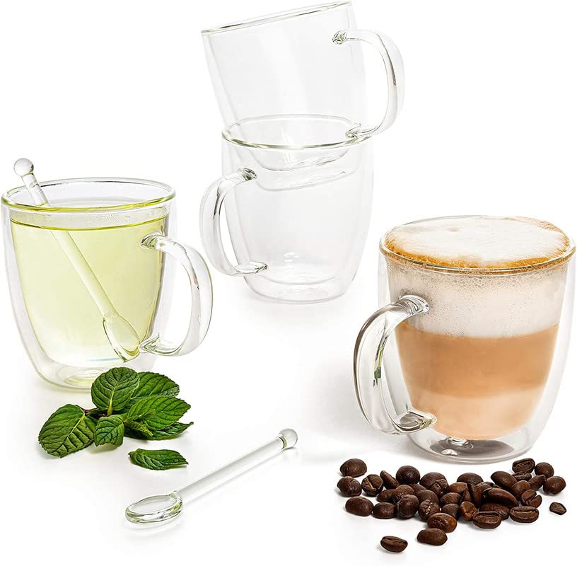 Moss & Stone Set of 4 Double Wall Glass Cup Clear Mug, Double Walled Coffee Mugs 7.4 Oz, Glass Tea Mugs, Insulated Coffee Mug With Handle & 2 Glass Spoons