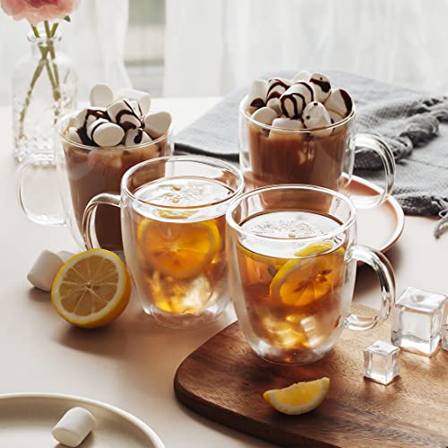 Moss & Stone Set of 4 Double Wall Glass Cup Clear Mug, Double Walled Coffee Mugs 7.4 Oz, Glass Tea Mugs, Insulated Coffee Mug With Handle & 2 Glass Spoons