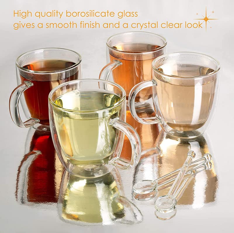 Moss & Stone Set of 4 Double Wall Glass Cup Clear Mug, Double Walled Coffee Mugs 7.4 Oz, Glass Tea Mugs, Insulated Coffee Mug With Handle & 2 Glass Spoons