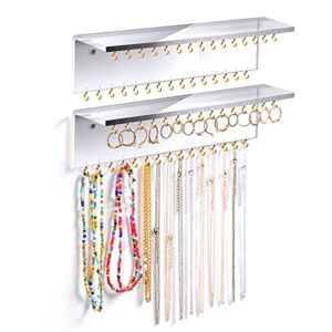 2 pieces acrylic jewelry organizer wall mounted with 60 hooks, hanging jewelry organizer holder display for hanging rings, earrings, necklace holder (clear)