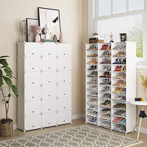 Aeitc Portable Shoe Rack, 72-Pair DIY Shoe Storage Shelf Organizer, Plastic Shoe Organizer for Entryway, Shoe Cabinet with Doors, White