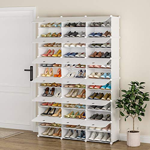 Aeitc Portable Shoe Rack, 72-Pair DIY Shoe Storage Shelf Organizer, Plastic Shoe Organizer for Entryway, Shoe Cabinet with Doors, White