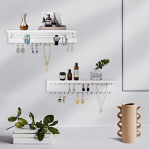 ROSE BLOOM Jewelry Organizer Wall Mounted, Wood Hanging Jewelry Organizer Holder with Removable Bracelet Rod and 42 Hooks for Hanging Rings, Earrings, Necklace Display, Set of 2, White