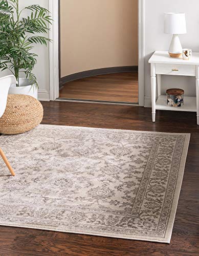 Rugs.com Charlotte Collection Rug – 4 Ft Square Ivory Low-Pile Rug Perfect for Living Rooms, Kitchens, Entryways