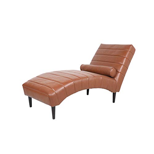 Faux Leather Armless Chaise Lounge Channel Stitching with Lumbar Pillow Cognac